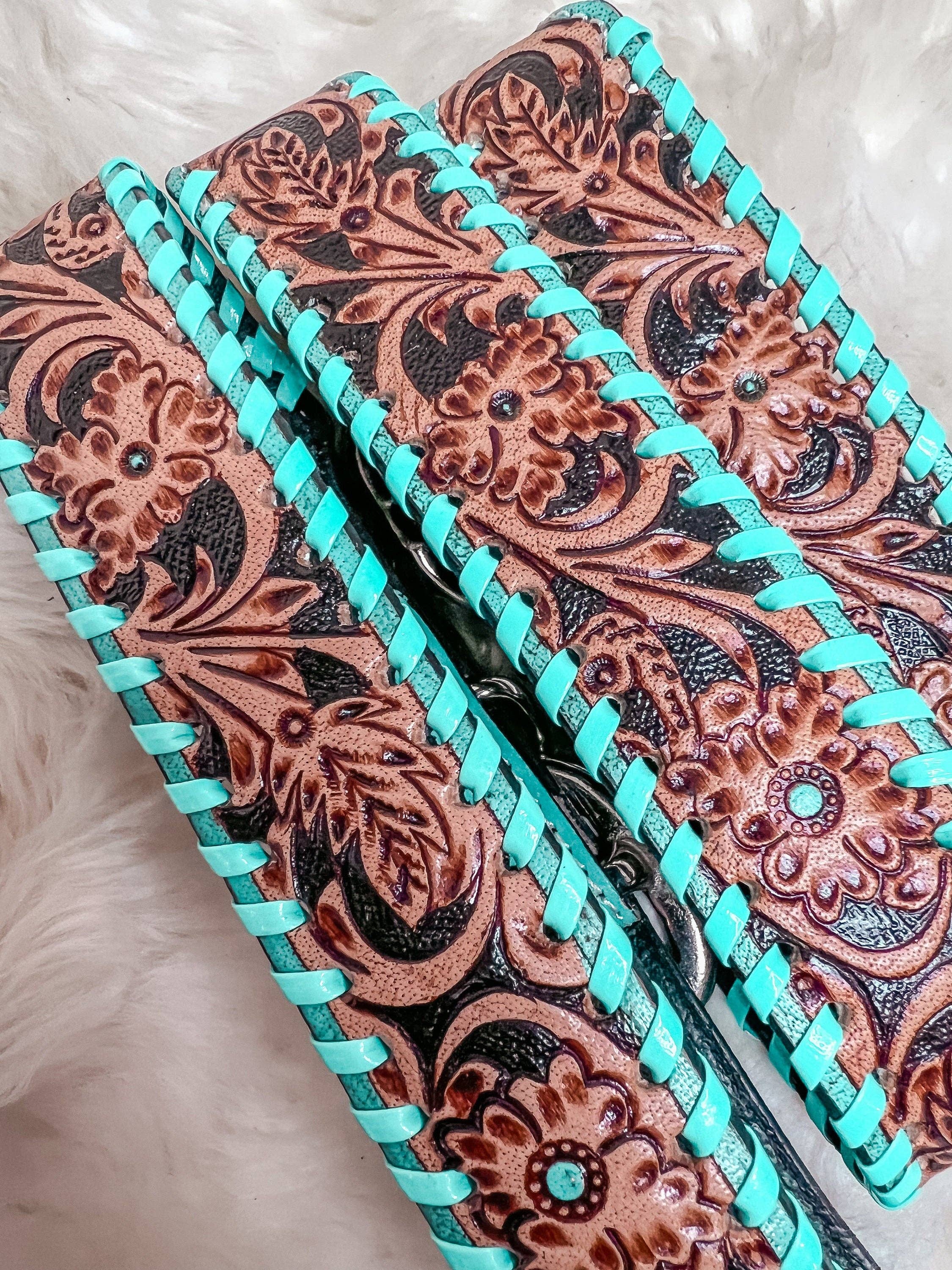 Turquoise Tooled Leather Western style Dog Collar, Show Dog, Farm Dog ...